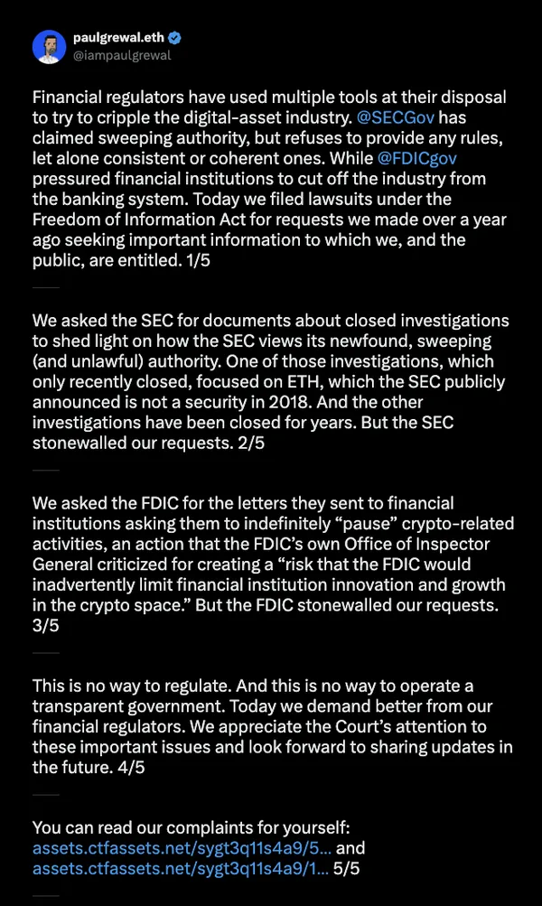 向監管宣戰！Coinbase 起訴 SEC、FDIC，指控他們違法資訊自由法？｜Web3+